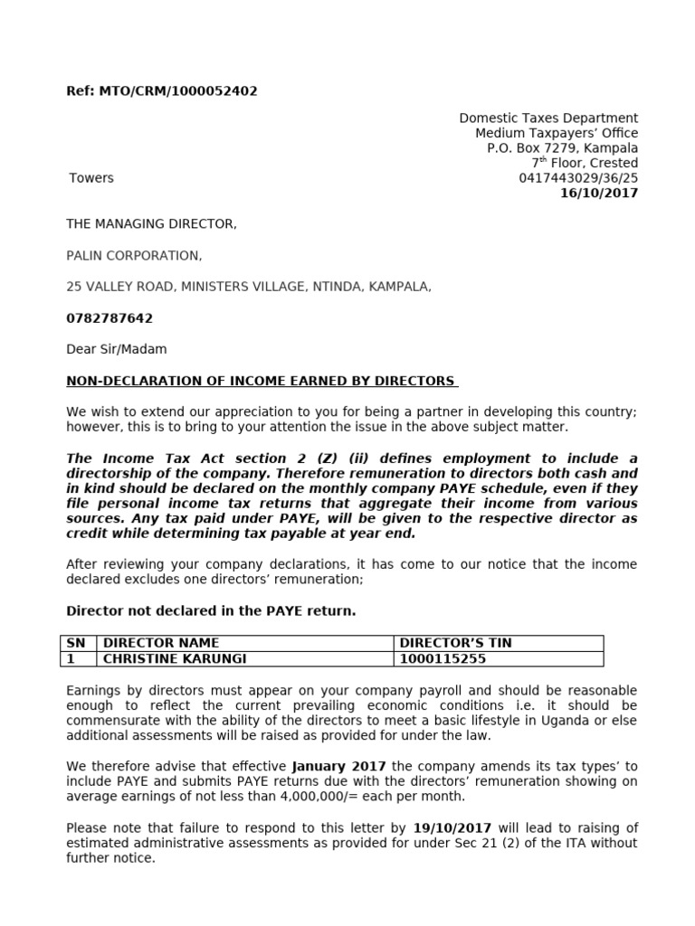 Non Declaration of Directors On PAYE Return | PDF | Taxes | Taxation
