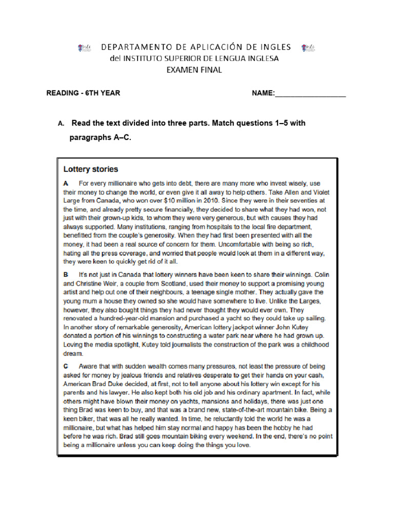 FINAL TEST 6TH YEAR - Reading | PDF