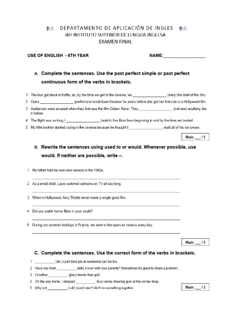 6th Year English Grammar Exercises | PDF