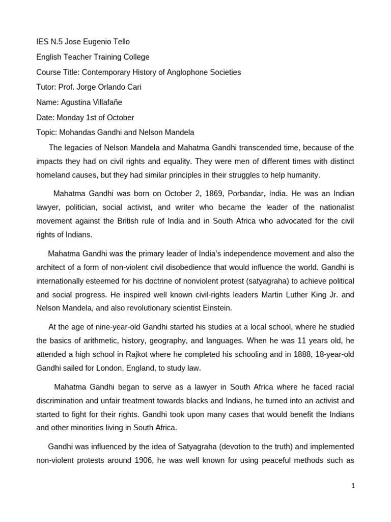 Mohandas Gandhi and Nelson Mandela ESSAY 1 | PDF | Mahatma Gandhi | Nelson Mandela