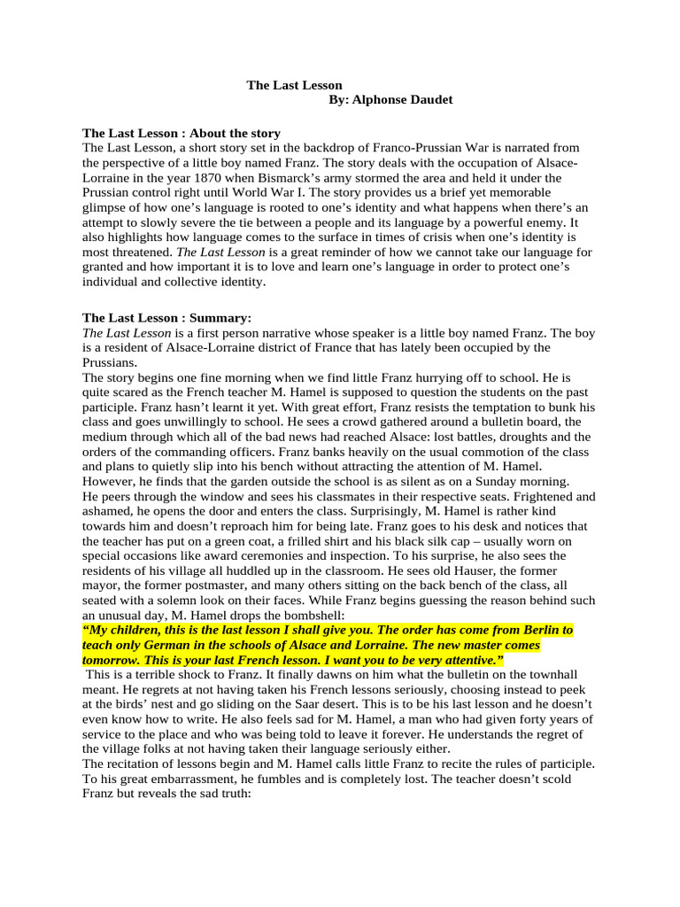 The Last Lesson Analysis | PDF