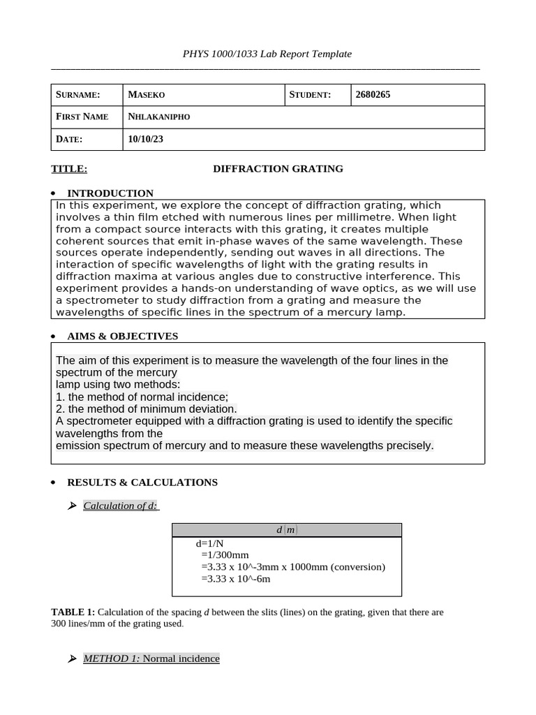 Exp08 - Diffraction Grating - Lab Report Template | PDF | Diffraction ...