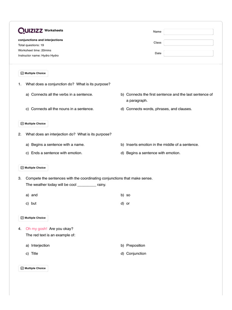 Conjunctions and Interjections Quizizz | PDF | Sentence (Linguistics ...