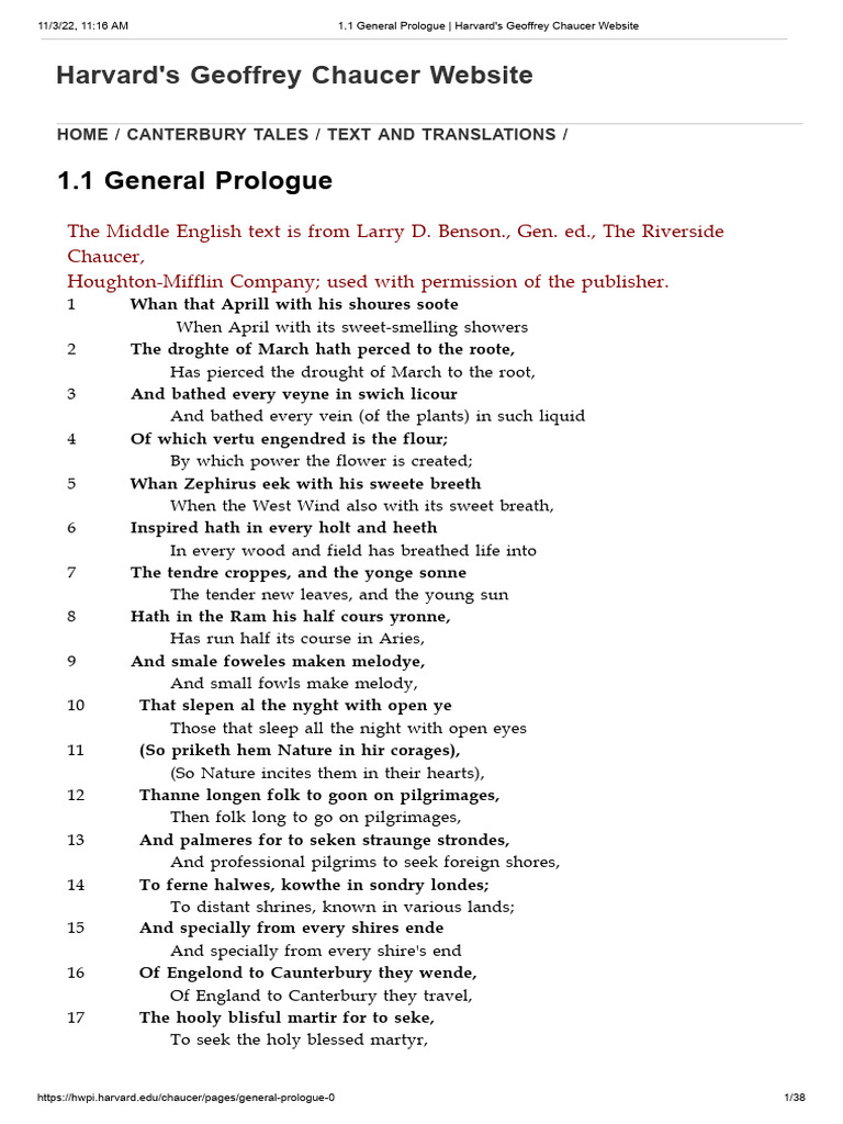 General Prologue - Harvards Geoffrey Chaucer | PDF