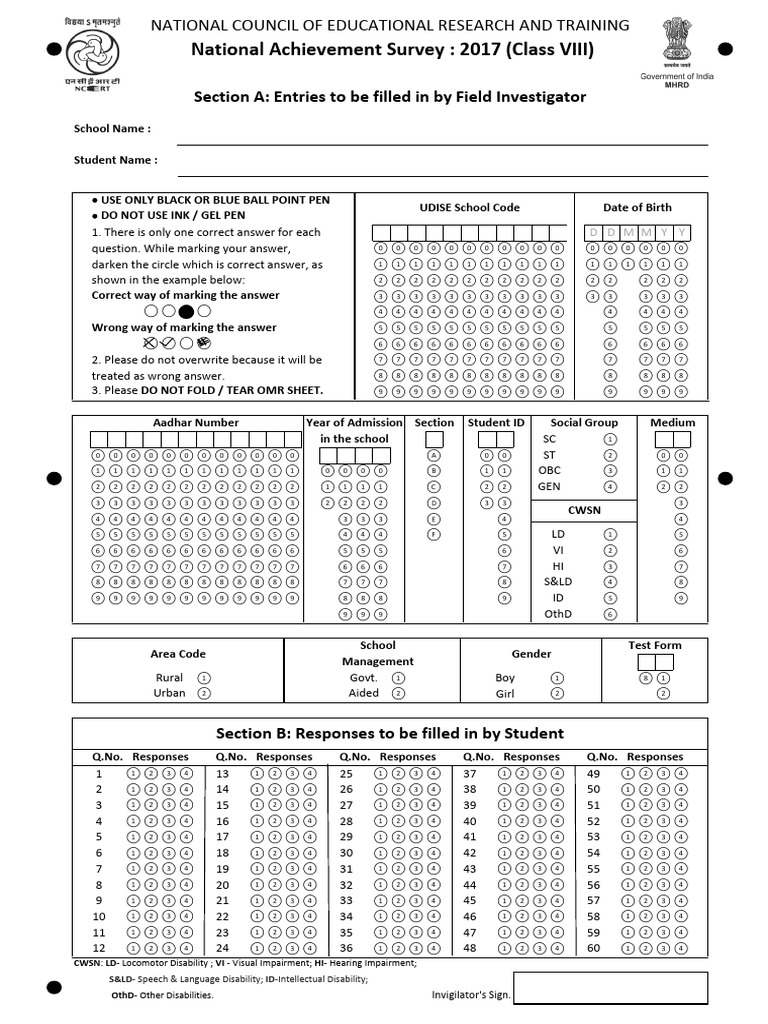 Omr Nas 2017 Class Viii | PDF | Disability