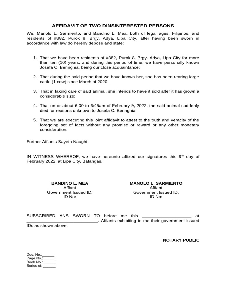 Affidavit of Two Disinterested Persons | PDF