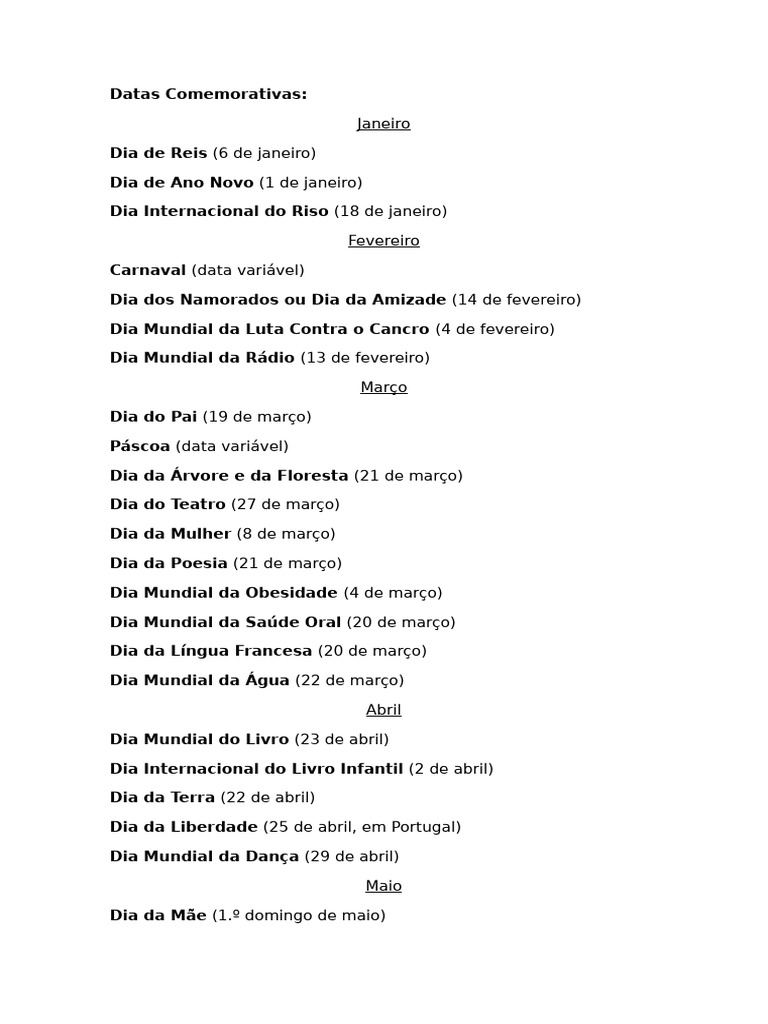 Datas Comemorativas do Ano | PDF