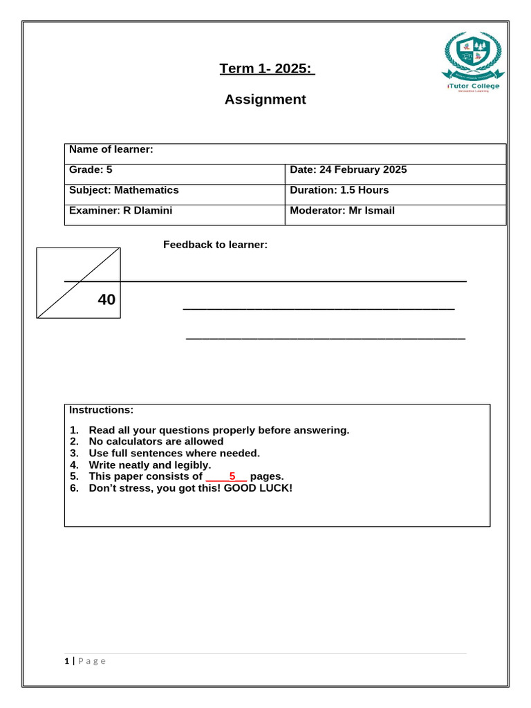 Grade 5 Maths Assignment Term 1 | PDF