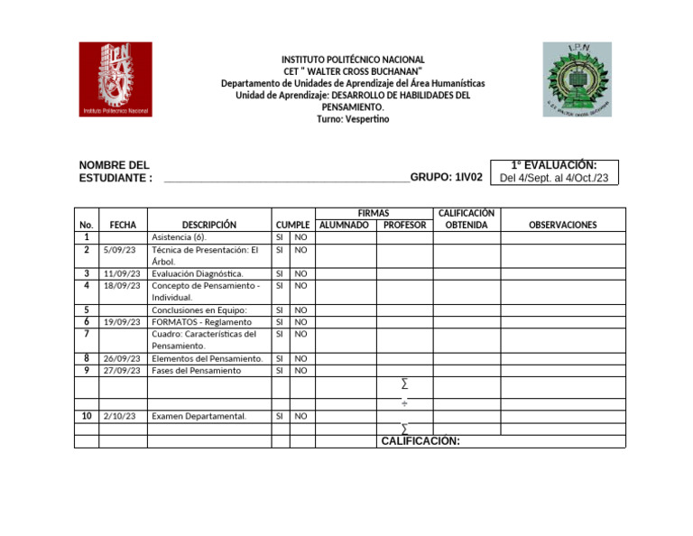 Hojas de Evaluación DHP - 1ER. DEPTAL | PDF