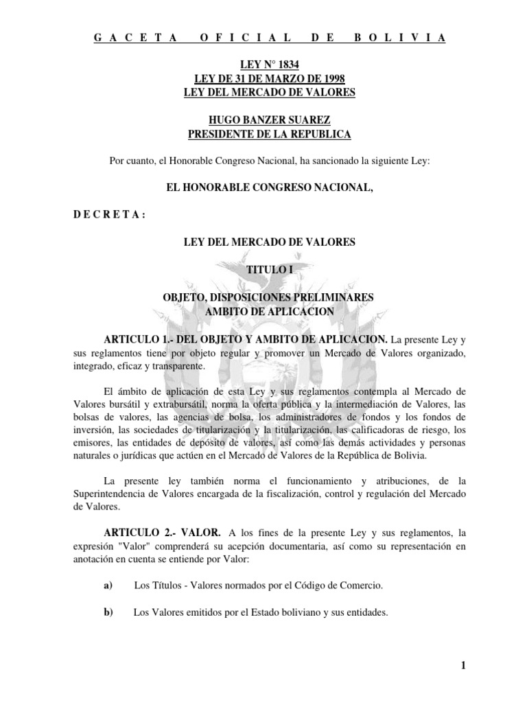 L1834 31-03-1998 Ley Mercado de Valores | PDF | Bolsa | Bolsa de Valores