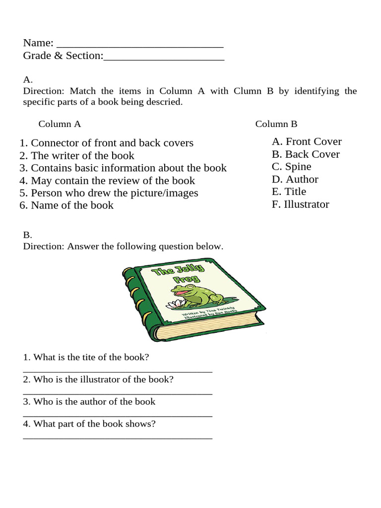 Parts of The Book - Activity | PDF