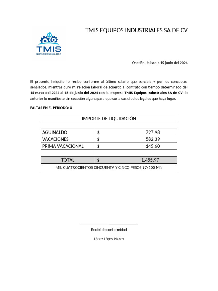 Finiquito Laboral TMIS Equipos Industriales | PDF