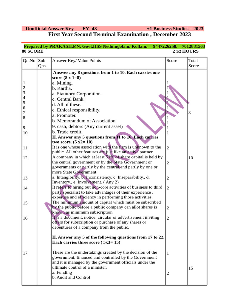 Plus One Mid Term Exam 2023 Business Studies Answer Key | PDF | Insurance | Partnership