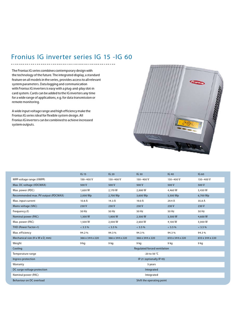 Fronius IG Series IG 15 - IG 60 - Datasheet | PDF | Power Inverter ...