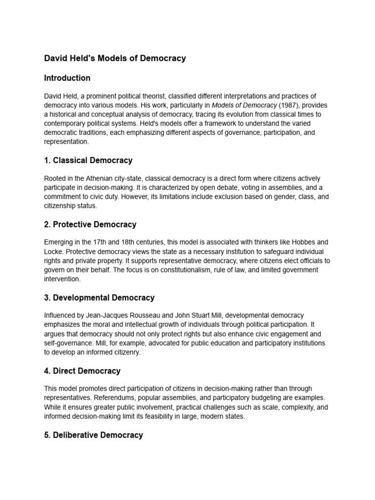 David Held's Democracy Models Explained | PDF | Democracy | Political ...