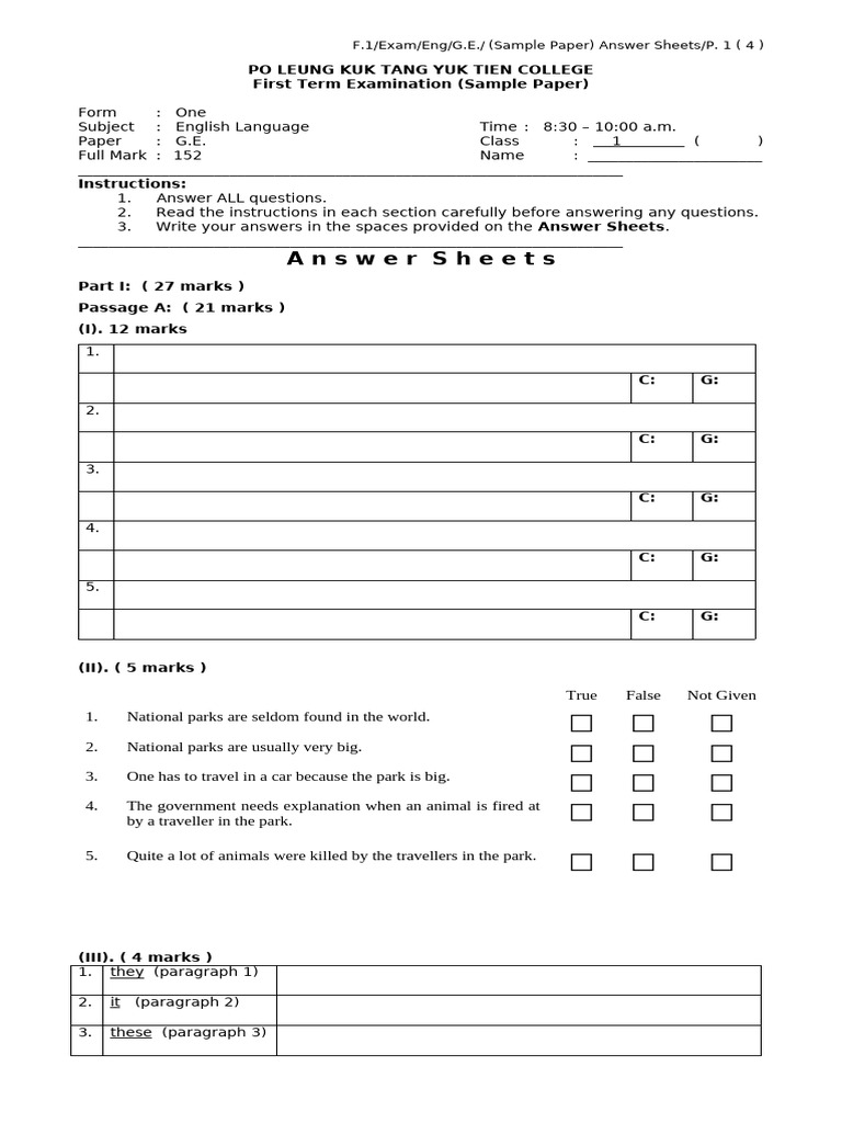 1st_term_exam_GE_Answer_Sheets (Sample Paper) | PDF | Animals And Humans