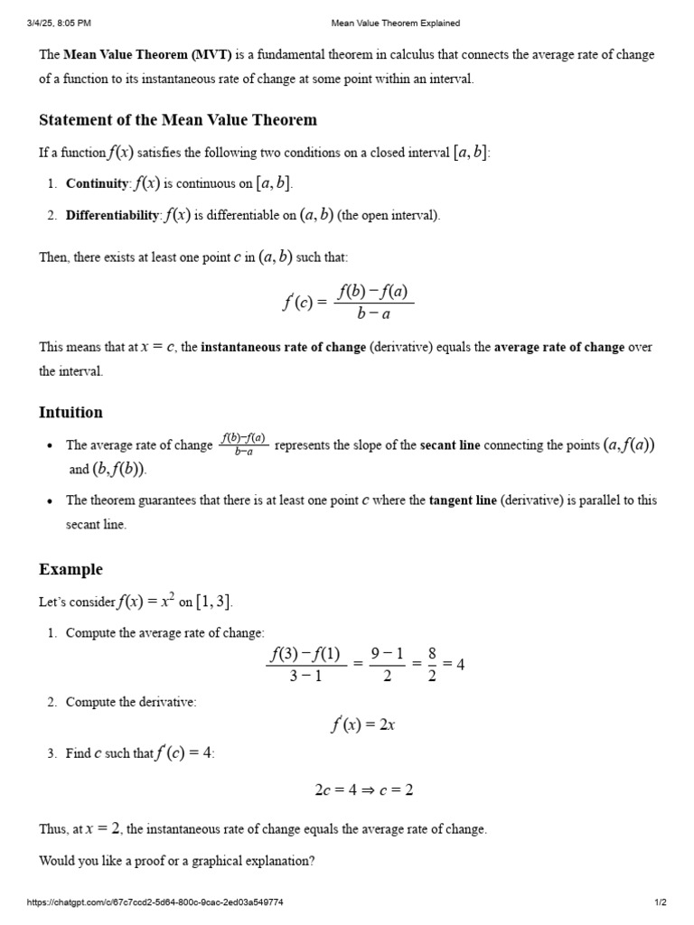Mean Value Theorem Explained | PDF | Derivative | Mathematical Analysis
