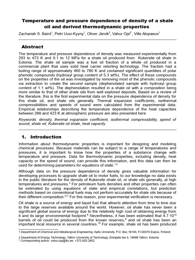 Temperature and Pressure Dependence of Density of A Shale Oil and ...