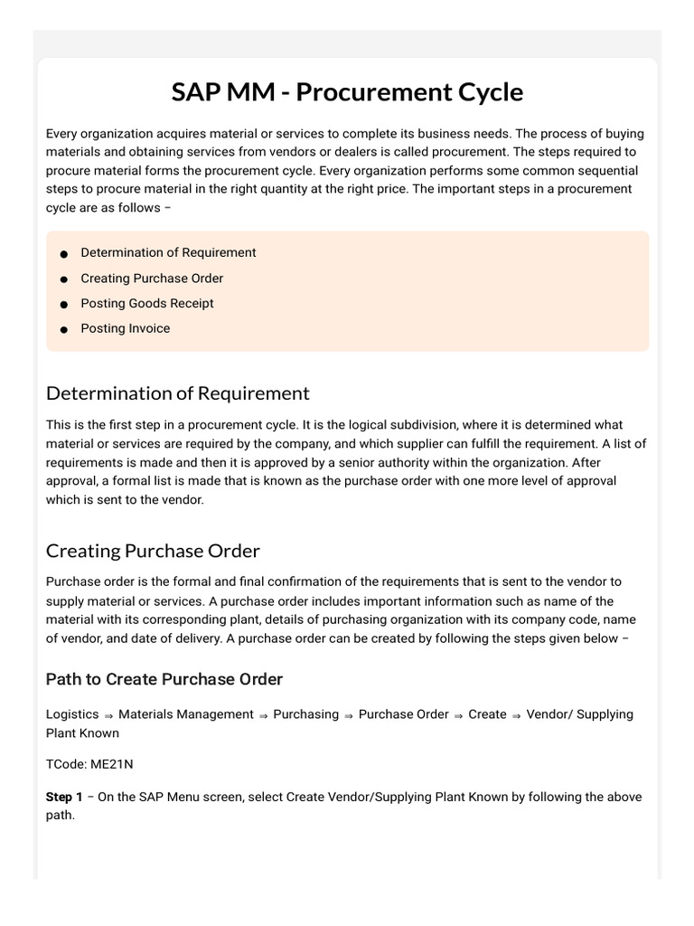 SAP MM - Procurement Cycle | PDF | Receipt | Procurement