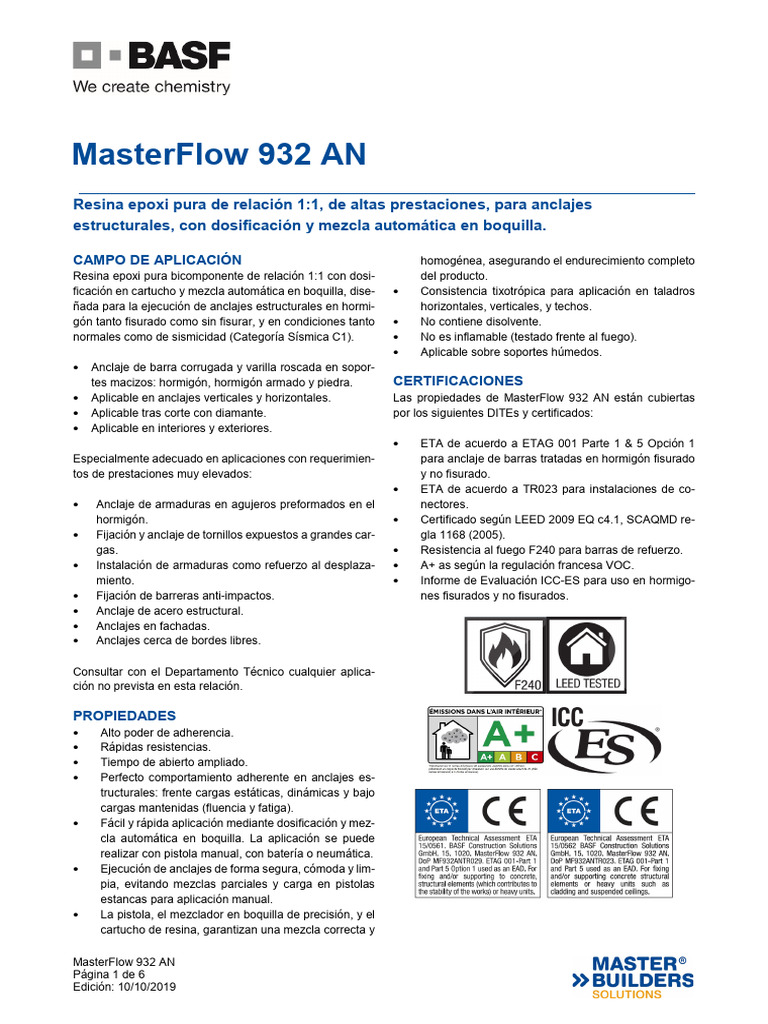 MasterFlow 932 AN | PDF | Hormigón | Materiales