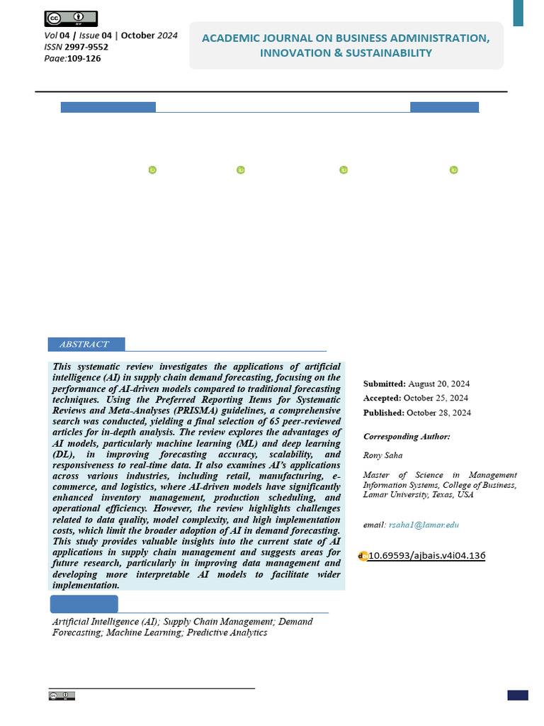 Systematic Literature Review on Artificial Intelligence Applications in Supply Chain Demand ...
