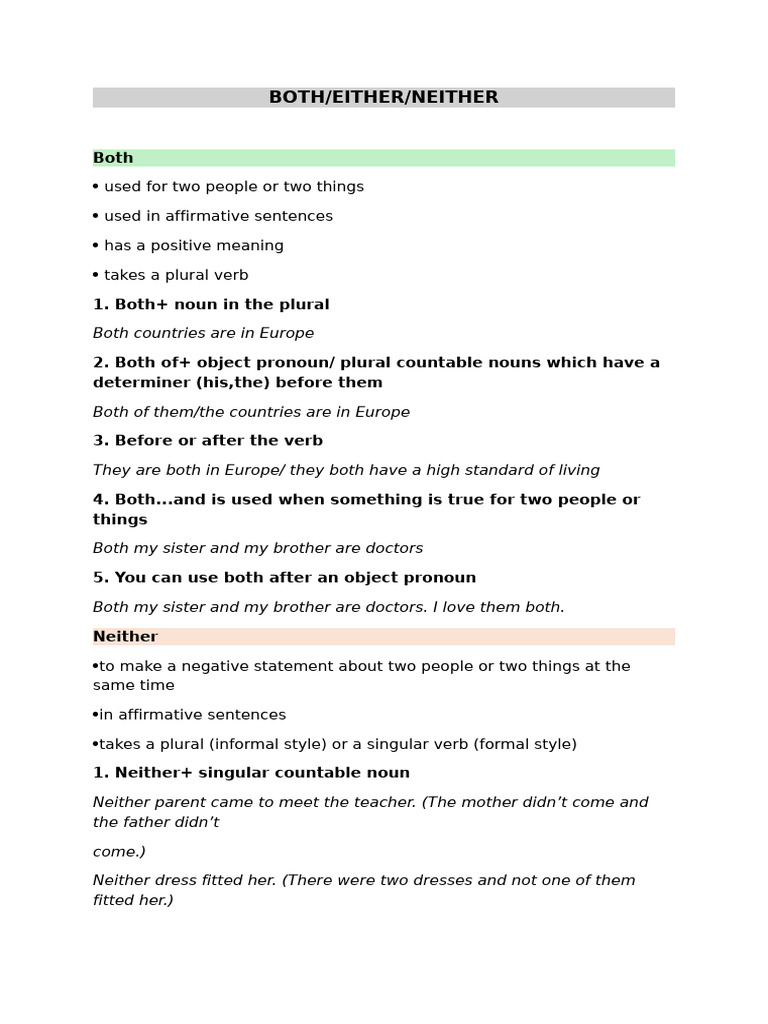 BOTH_EITHER_NEITHER | PDF | Plural | Grammatical Number