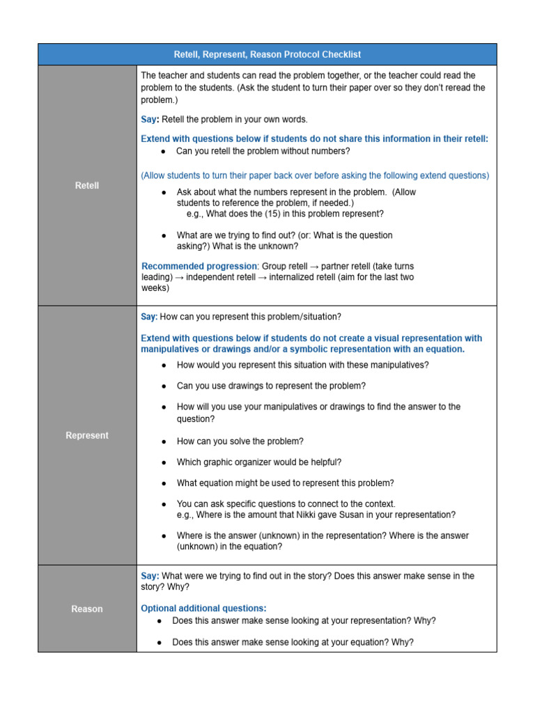 Retell, Represent, Reason Checklist | PDF | Cognition | Cognitive Science