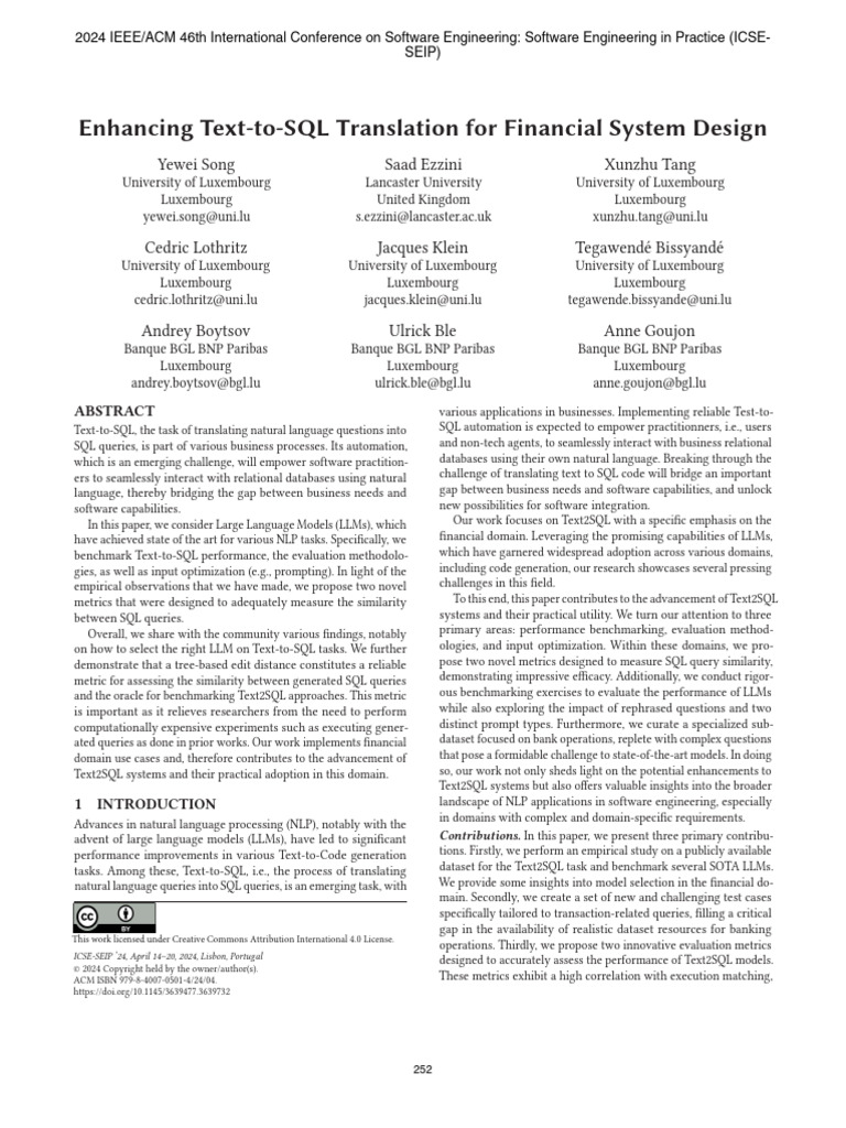Enhancing Text-To-SQL Translation For Financial System Design | PDF | Databases | Sql