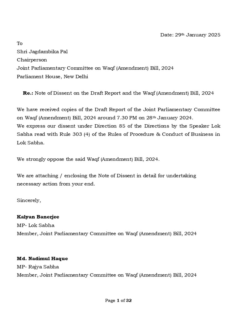 Dissent Note on Waqf Amendment Bill 2024 | PDF | Mosque | Sharia