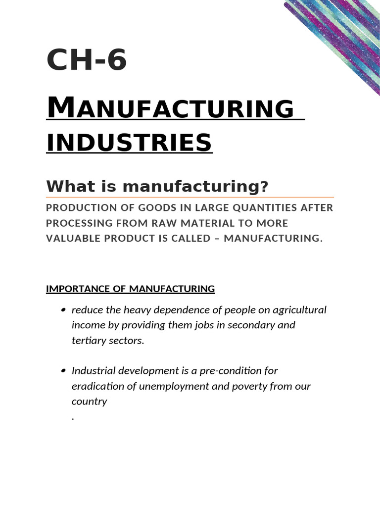 Manufacturing Industries Ncert Class-10 Short Notes 2025 | PDF