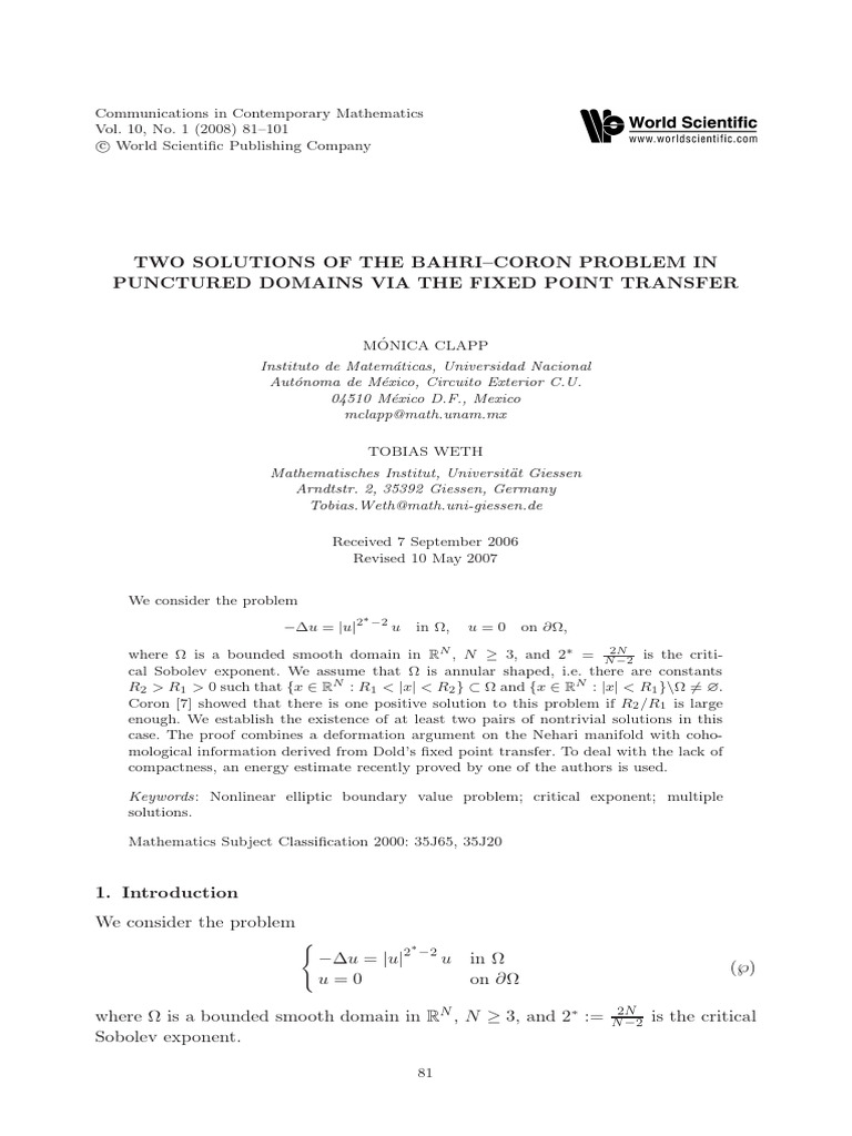 (M.Clapp) Two Solutions of The Bahri-Coron Problem in Punctured Domains ...