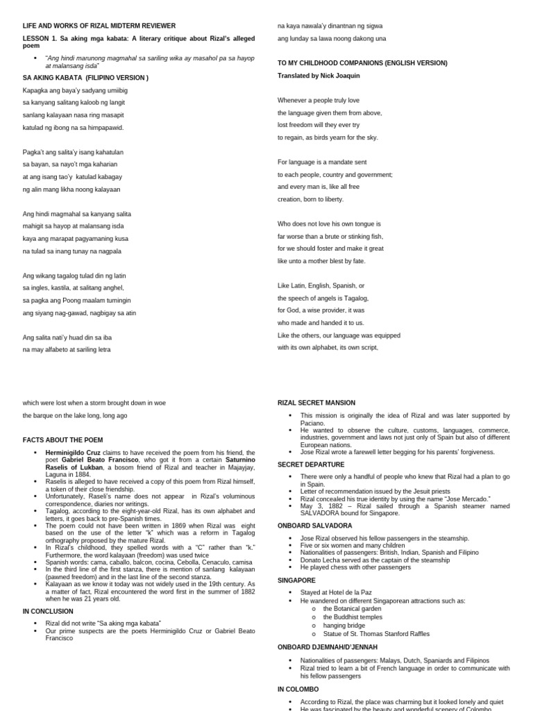 Life and Works of Rizal Midterm Reviewer | PDF