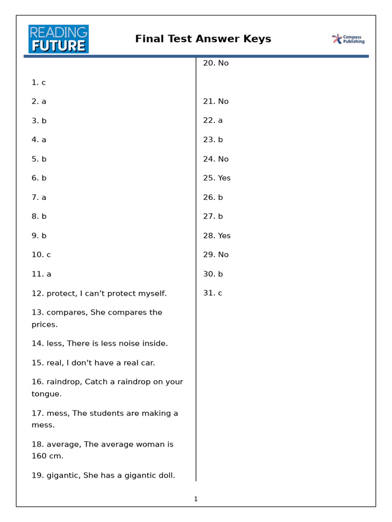 Reading Future_Discover 1_Final Test_Answer Key | PDF