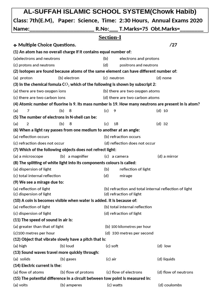 7th Science Model Paper | PDF | Atoms | Reflection (Physics)