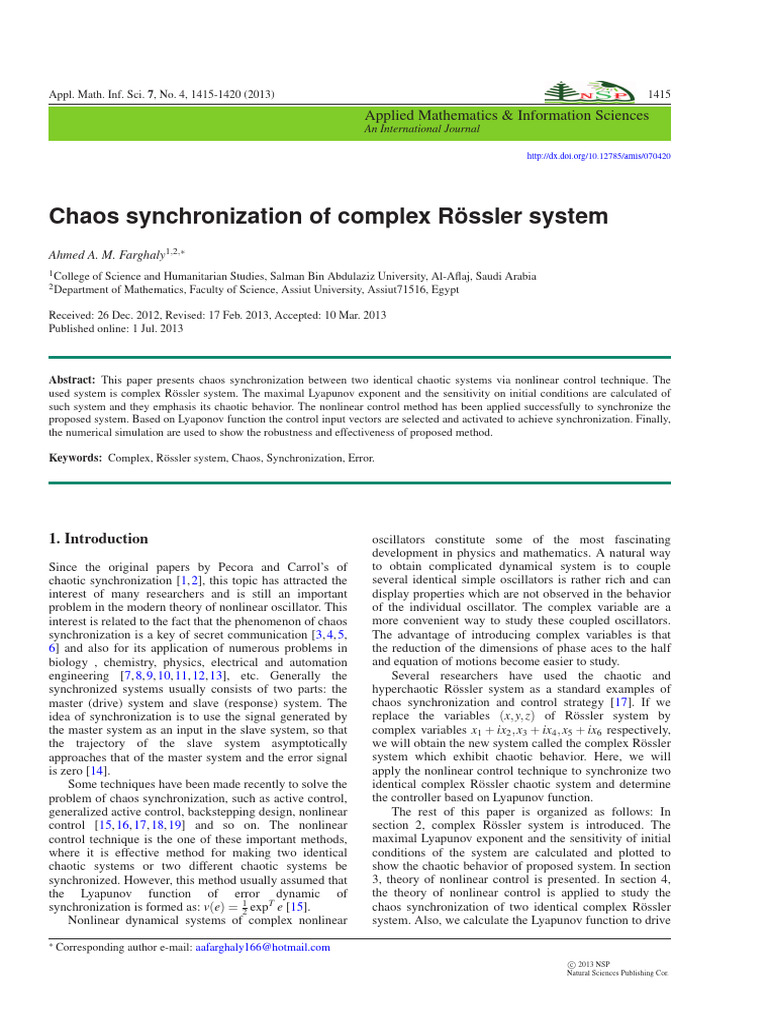 Chaos Synchronization of Rossler Model | PDF | Chaos Theory | Nonlinear ...