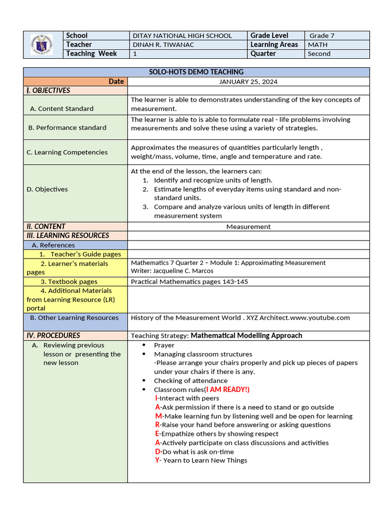 Math 7 Demo lesson | PDF | Foot (Unit) | Measurement