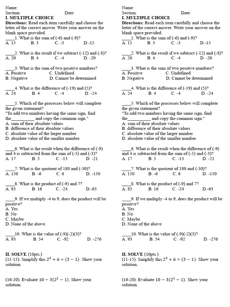summative test grade 7(operations on integers) | PDF | Summation ...
