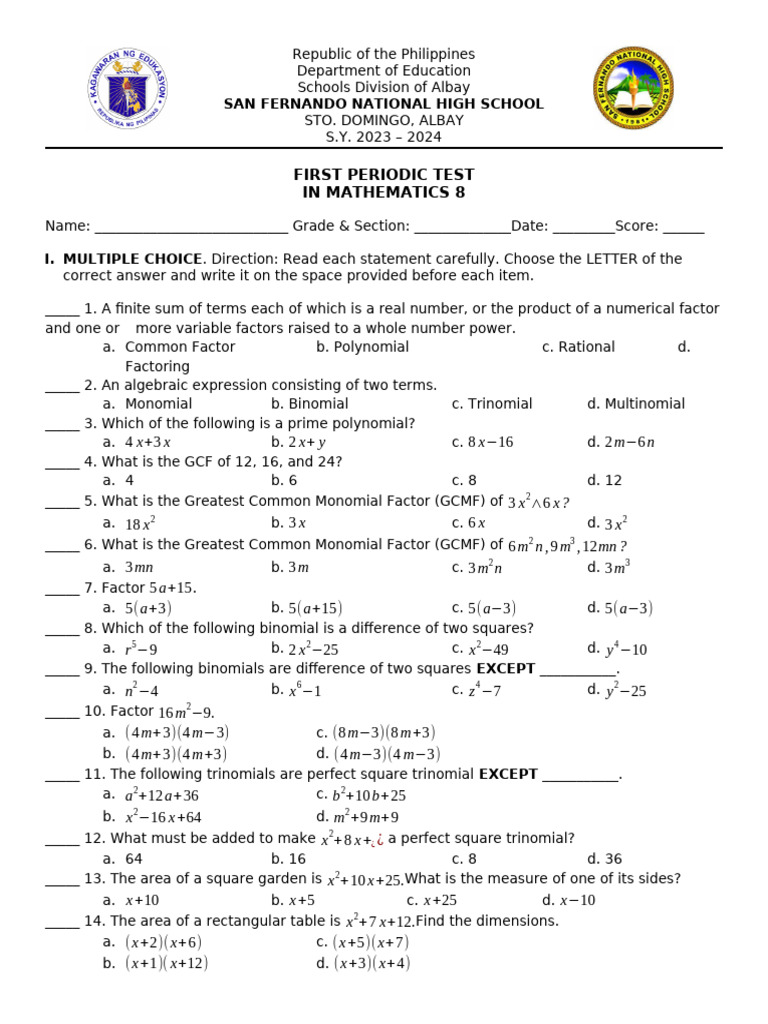 MATH8 - Q1 - Periodic Test | PDF | Factorization | Polynomial