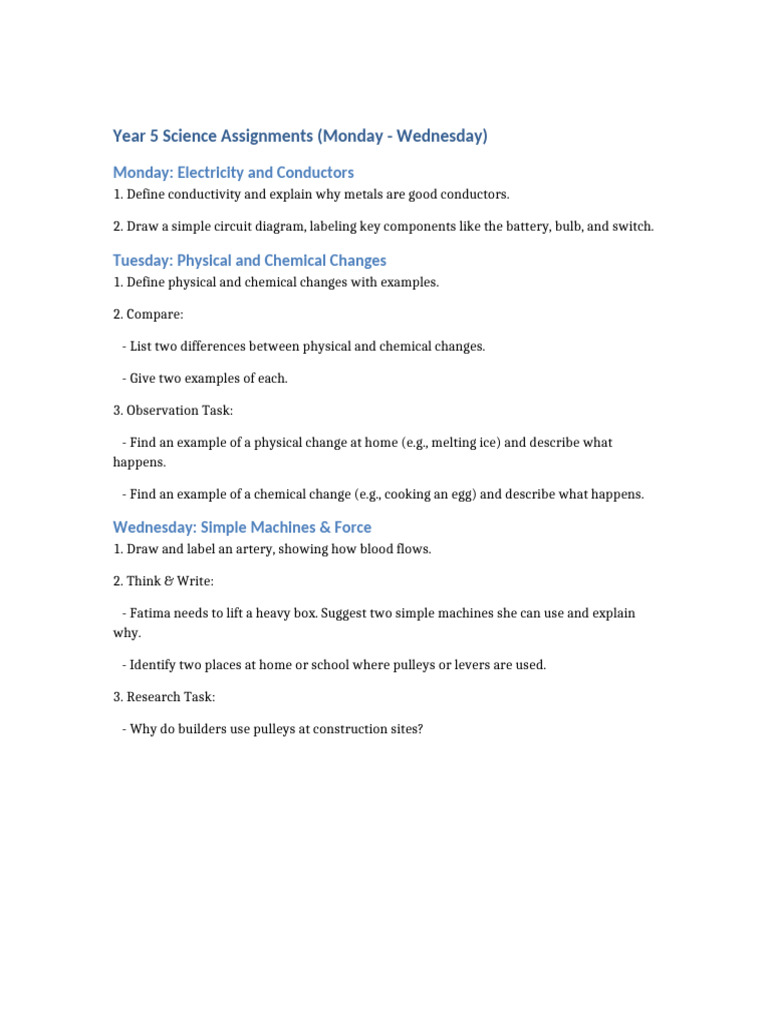 Year 5 Science Assignments Overview | PDF