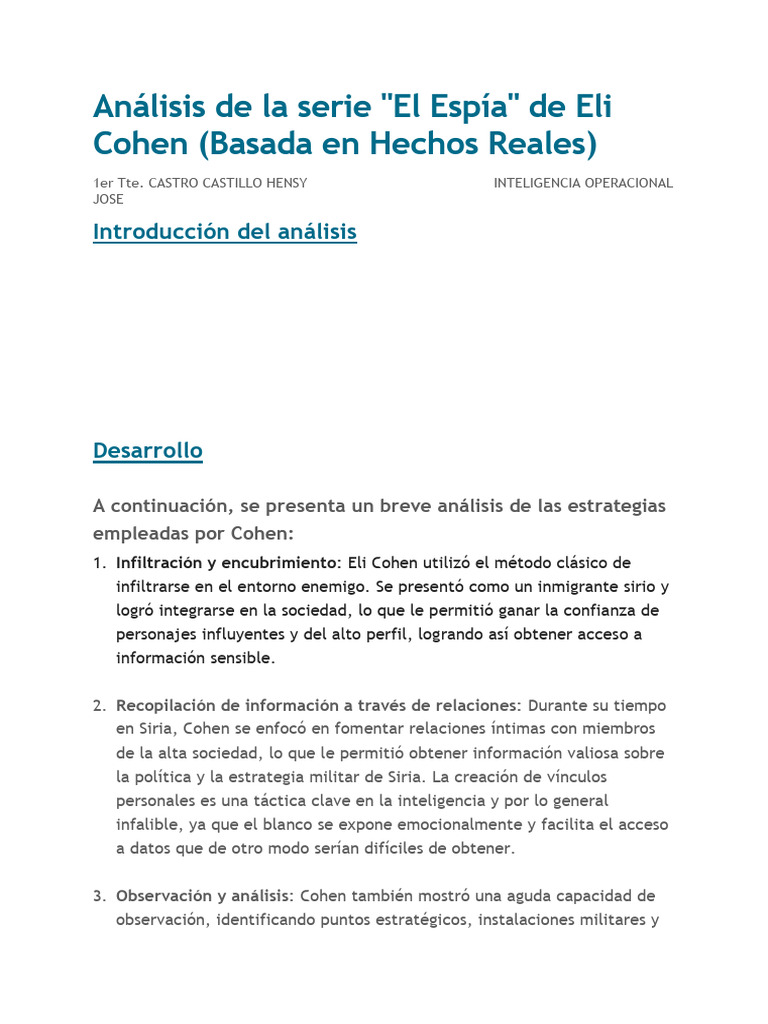 Análisis Serie (EL ESPIA) Eli Cohen | PDF | Espionaje | Información