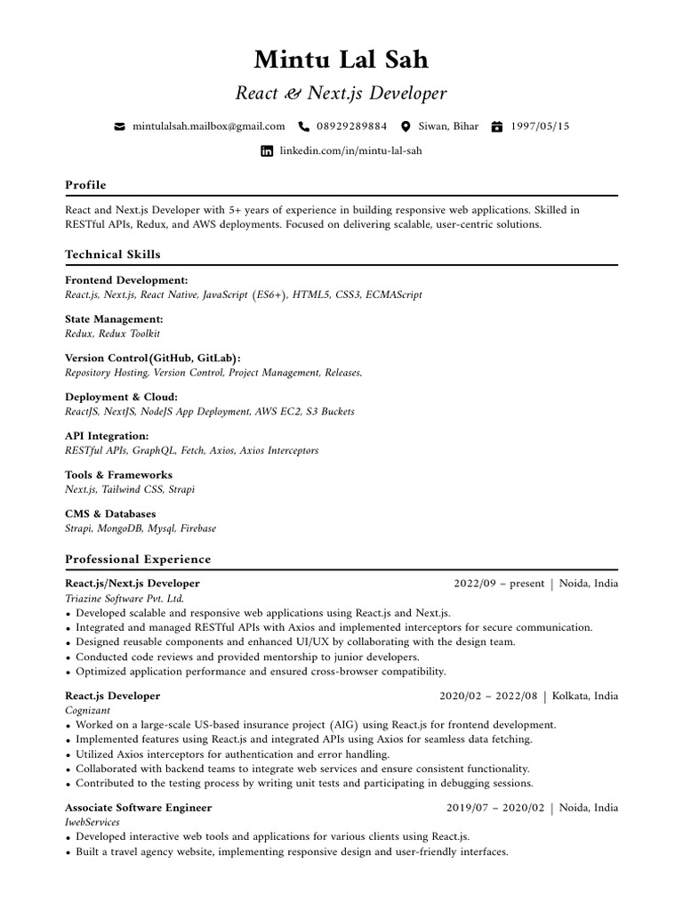 Mintu Lal Sah - Senior React Developer - ICO - Avesta | PDF | Computing | Web Development