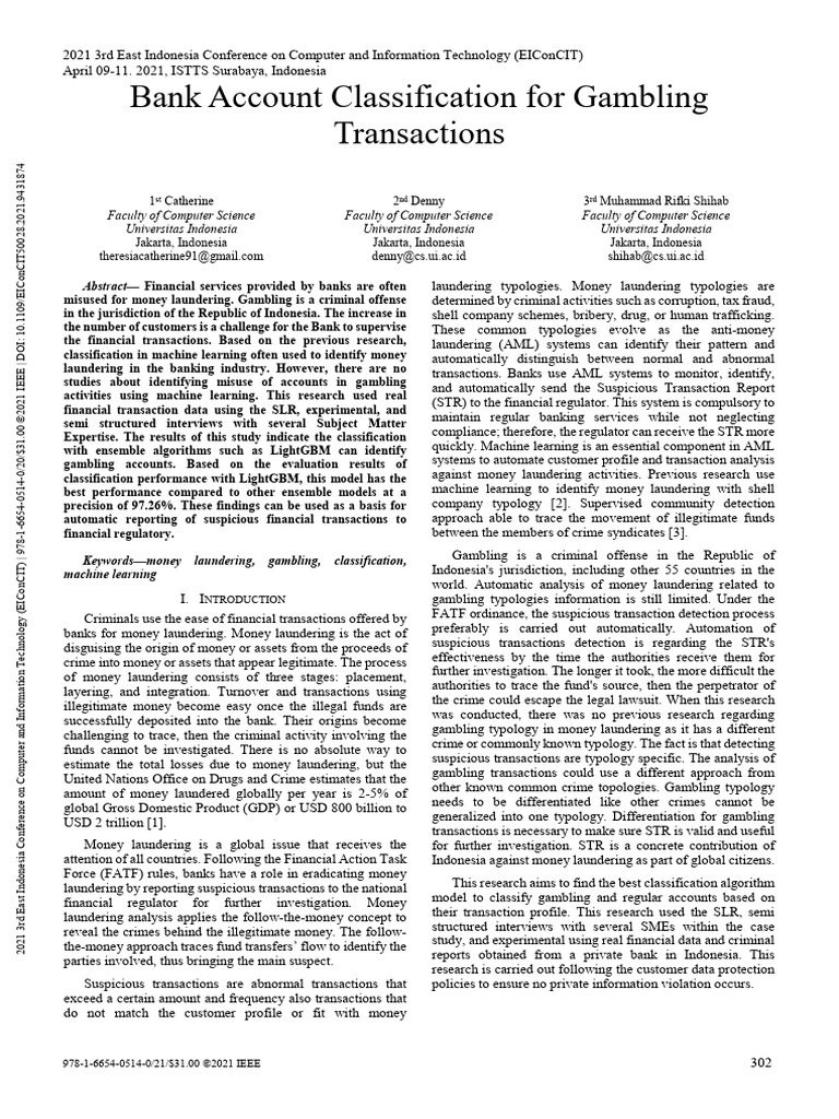 Bank Account Classification For Gambling Transactions | PDF | Money Laundering | Algorithms