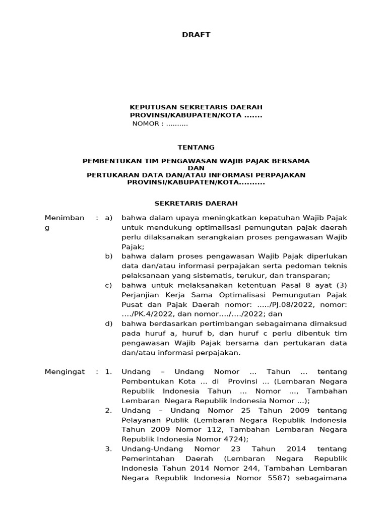 Draft SK Tim Pengawasan Pajak Daerah 26092022 | PDF