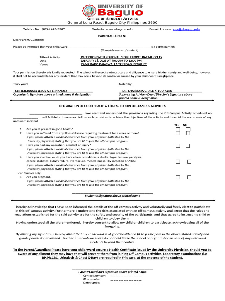 Parental Consent Declaration of Good Health | PDF | Medicine | Medical ...