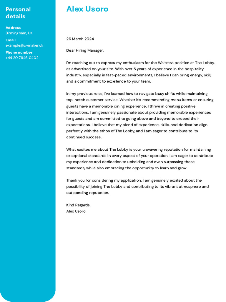 Example Cover Letter Waitress 00b4d8 | PDF