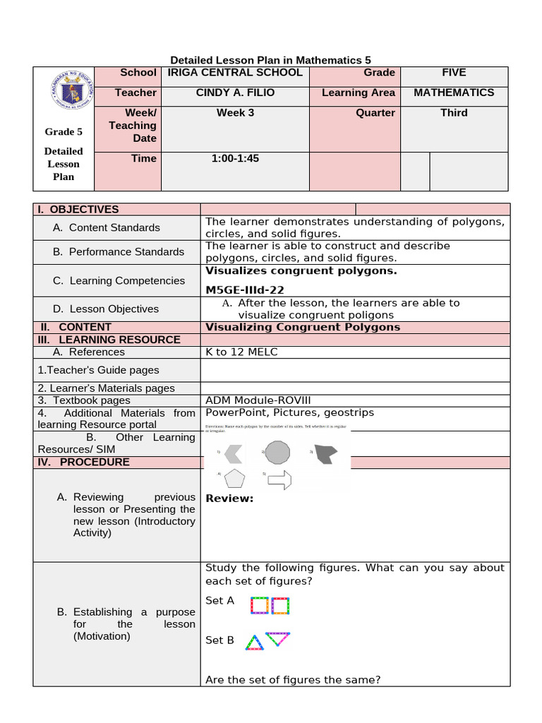 LESSON PLAN MATH 5-Q2 | PDF | Triangle | Shape
