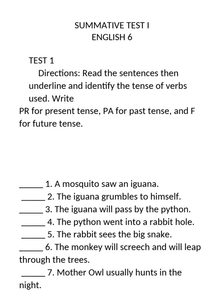 English 6 Verb Tense Assessment | PDF