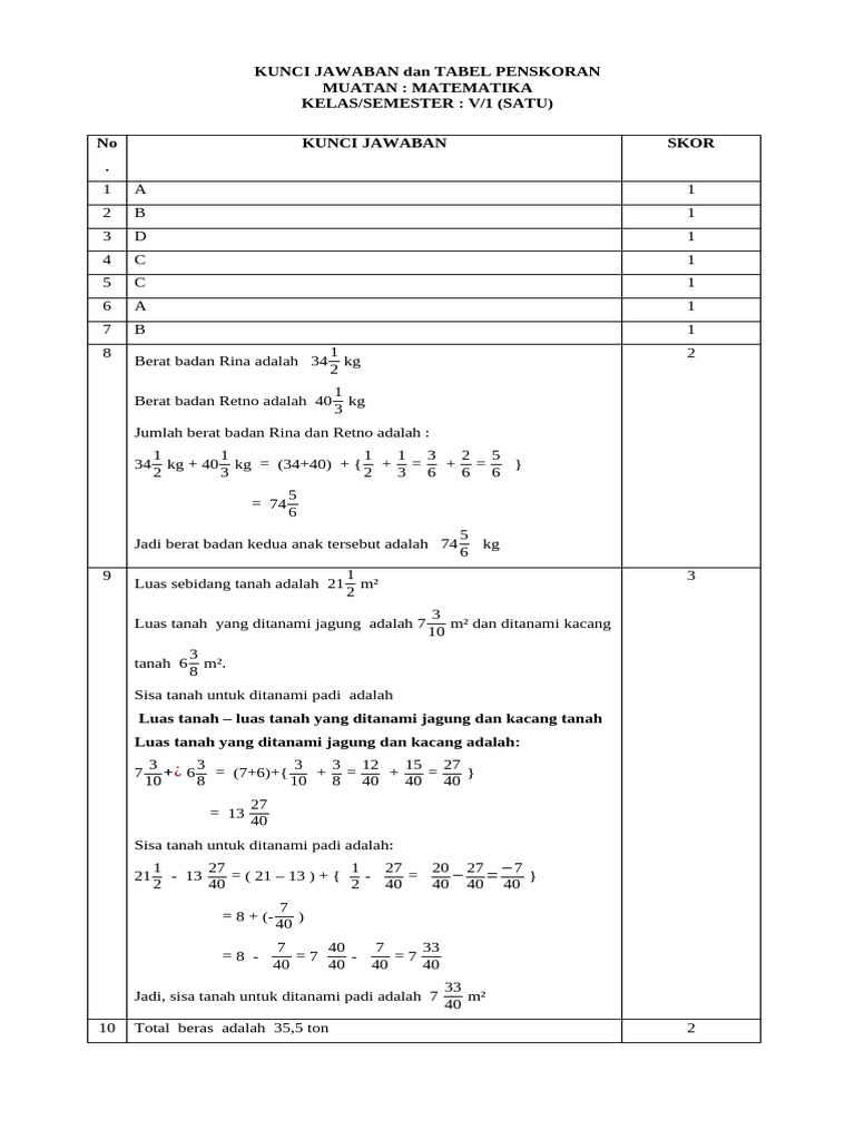 KUNCI JAWABAN Dan TABEL PENSKORAN PTS MTK SEM 1 | PDF