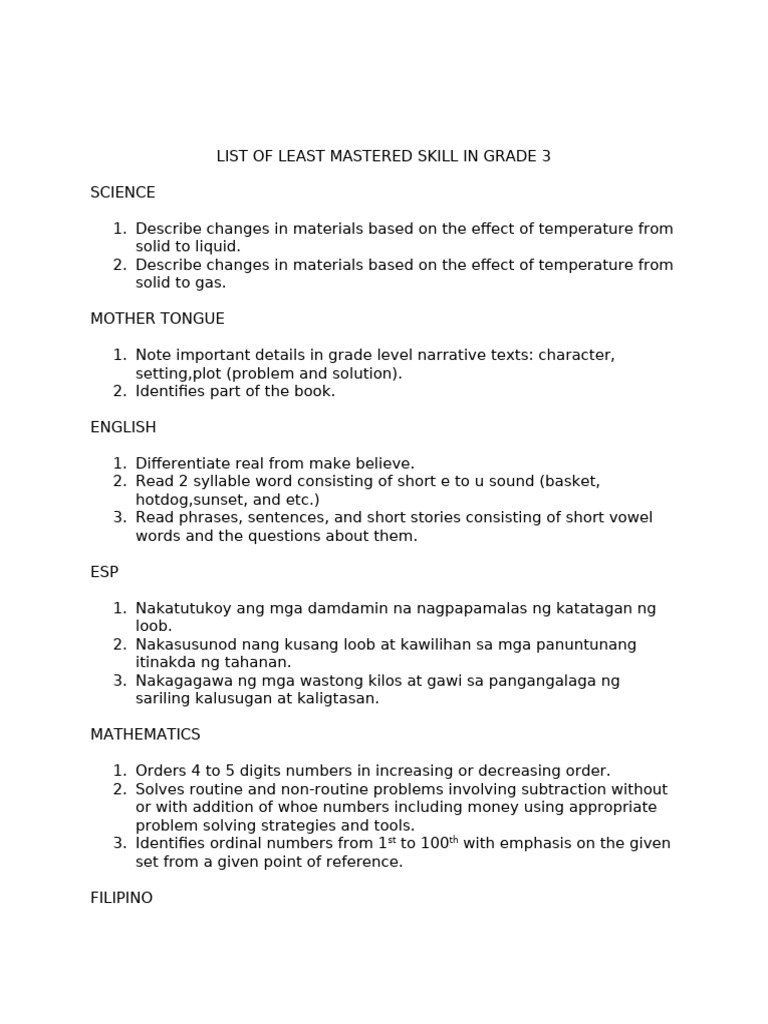 List of Least Mastered Skill in Grade 3 | PDF | Linguistics | Languages