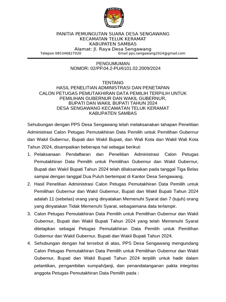 Pengumuman Hasil Penelitian Administrasi Pantarlih DESA SENGAWANG | PDF